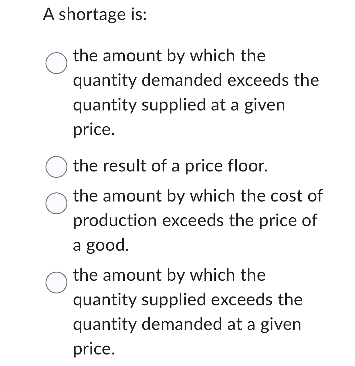 Solved A shortage is:the amount by which the quantity | Chegg.com