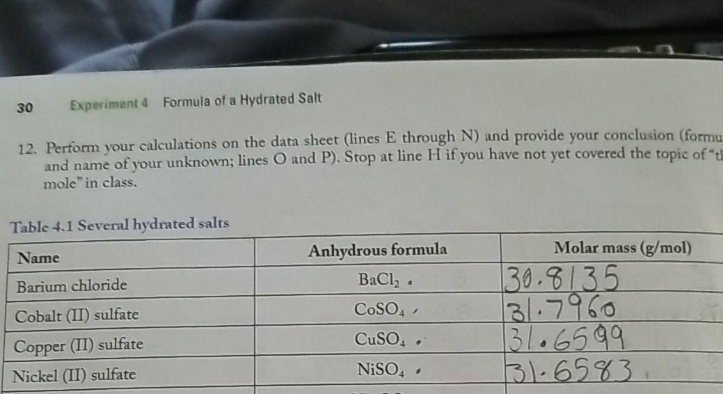 Solved Experiment 4 Formula of a Hydrated Salt 30-8 3 | Chegg.com