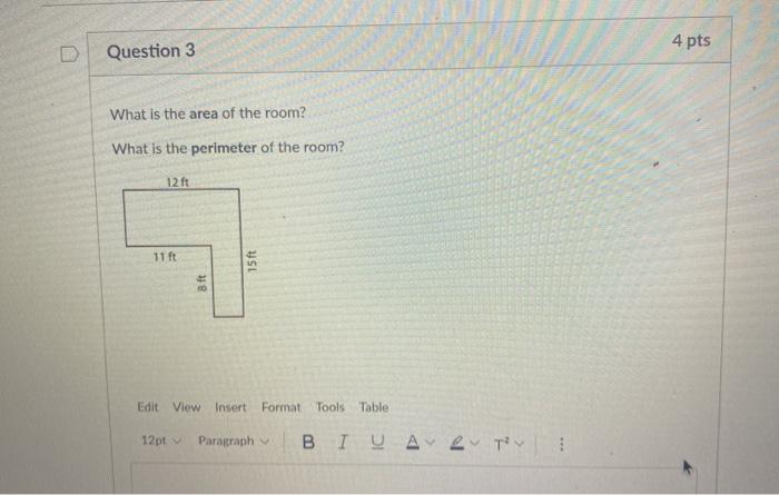 Solved 4 pts Question 3 What is the area of the room? What | Chegg.com