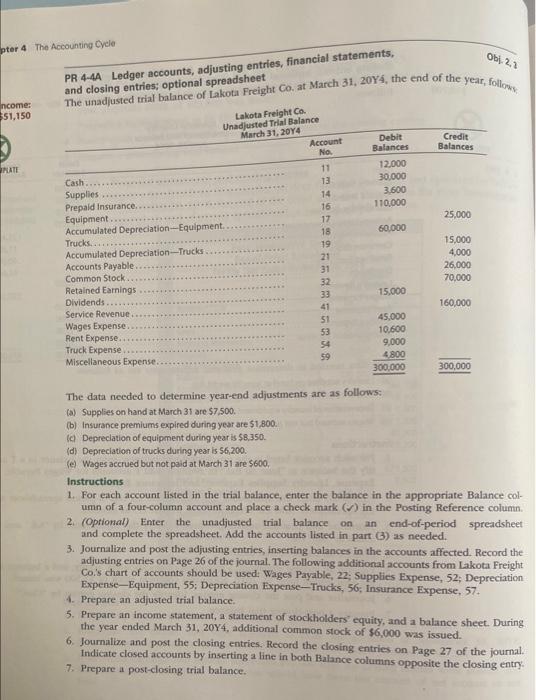 Accounting Cycle PR 4-4A Ledger accounts, adjusting | Chegg.com