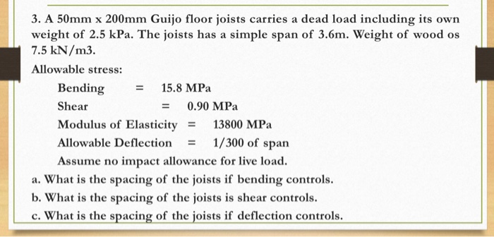 Solved 3 A 50mm X 200mm Guijo Floor Joists Carries A Dead Chegg solved-3-a-50mm-x-200mm-guijo-floor-joists-carries-a-dead-chegg