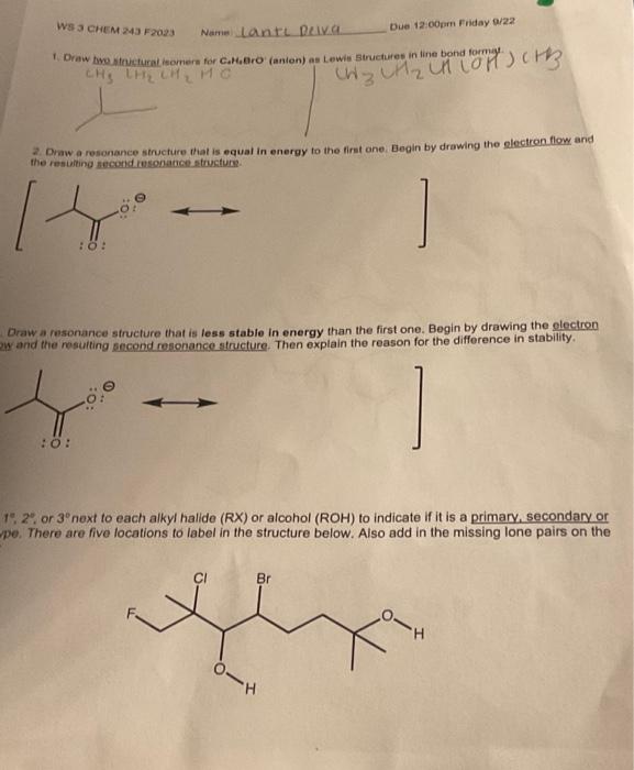 Solved WS 3 CHEM 243 F2023 Name Lante Deiva Due 12:00pm | Chegg.com