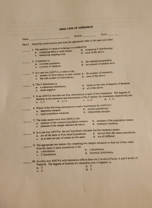 Solved ANALYSIS OF VARIANCE Score Section Name Part I Select | Chegg.com