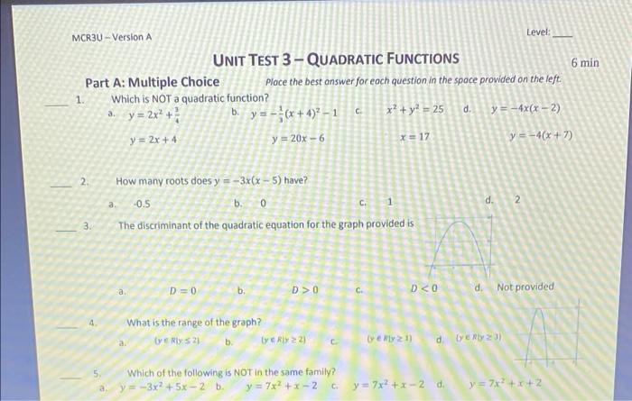 Solved MCR3U - Version A Level: UNIT TEST 3 - QUADRATIC | Chegg.com