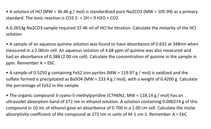 Solved • A solution of HCI (MW = 36.46 g/mol) is | Chegg.com