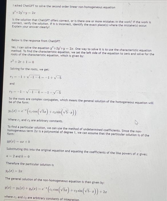 Solved I asked ChatGPT to solve the second order tinear | Chegg.com