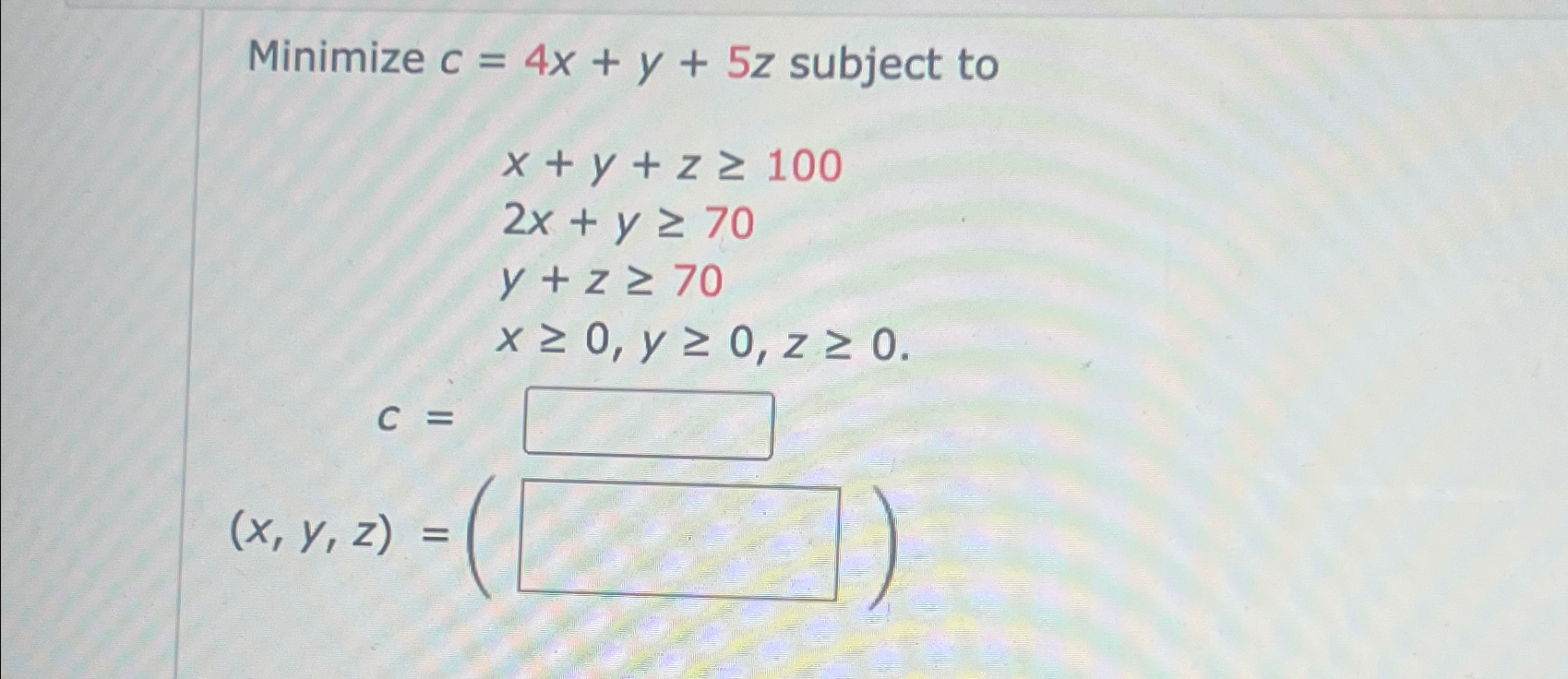 Solved Minimize c=4x+y+5z ﻿subject | Chegg.com