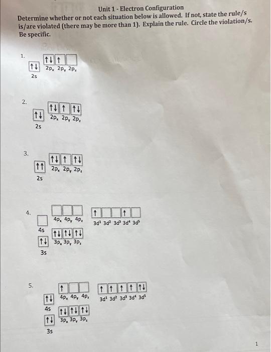 Solved Unit 1 - Electron Configuration Determine whether or | Chegg.com