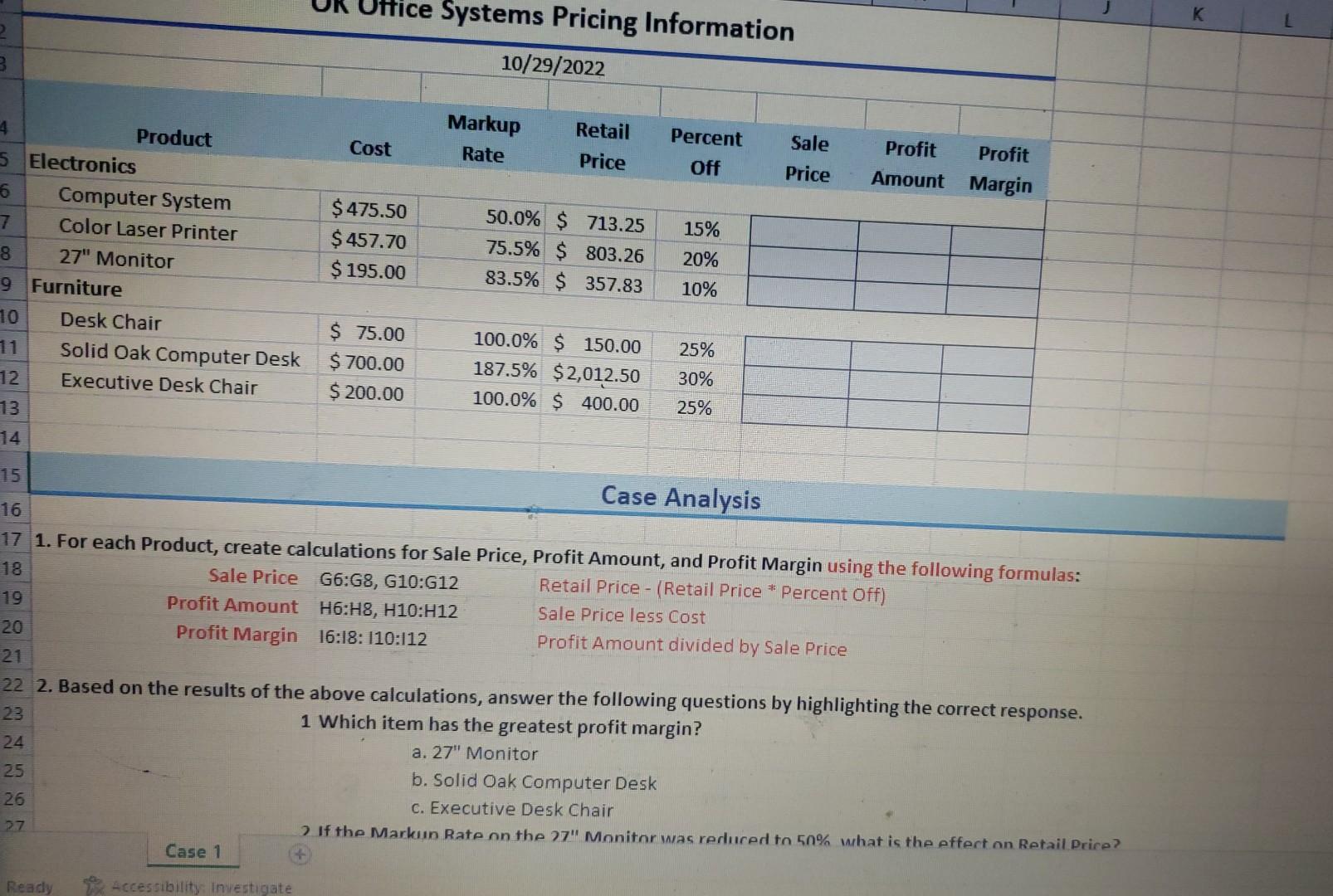 Solved Case Analysis 1. For each Product, create | Chegg.com