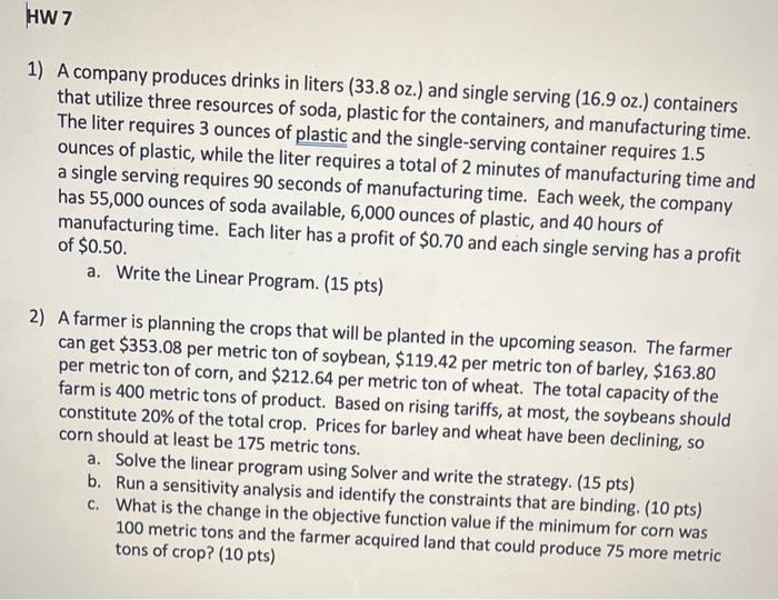 Solved for #1- I need the linear program written out, | Chegg.com