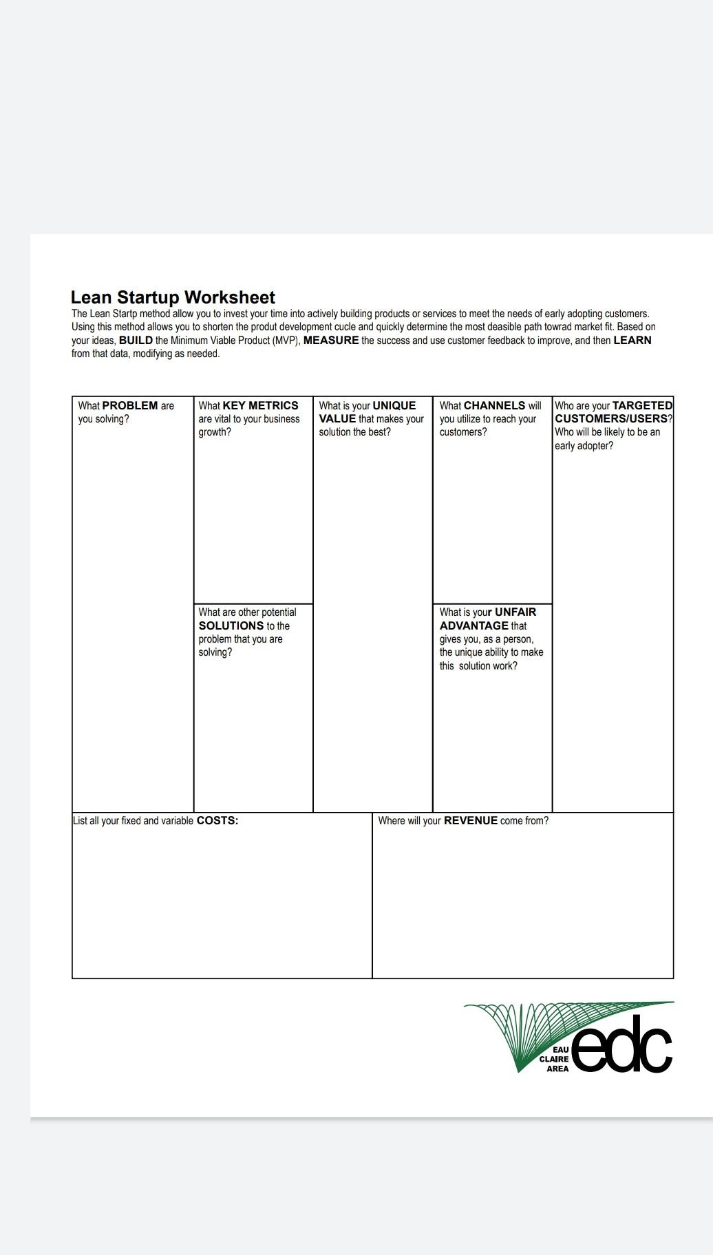 Solved Lean Startup Worksheet The Lean Startp method allow | Chegg.com