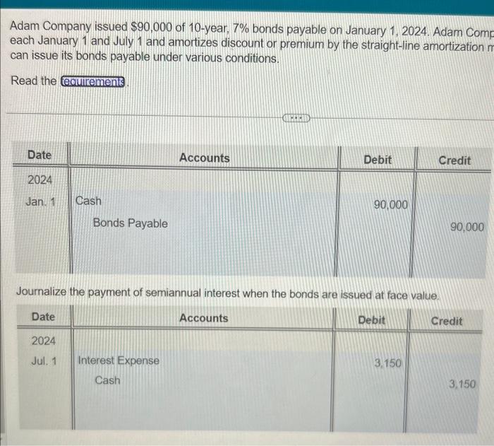 Solved 1. Journalize Adam Company's issuance of the bonds | Chegg.com