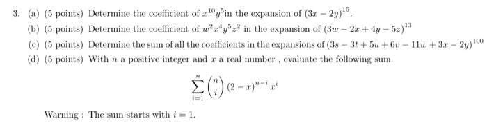 Solved 3. (a) (5 points) Determine the coefficient of x10y5 | Chegg.com