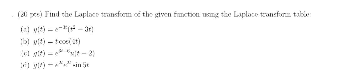 Solved (20 pts) Find the Laplace transform of the given | Chegg.com