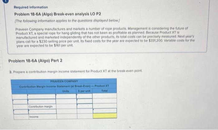 Solved Required information Problem 18-6A (Algo) Break-even | Chegg.com