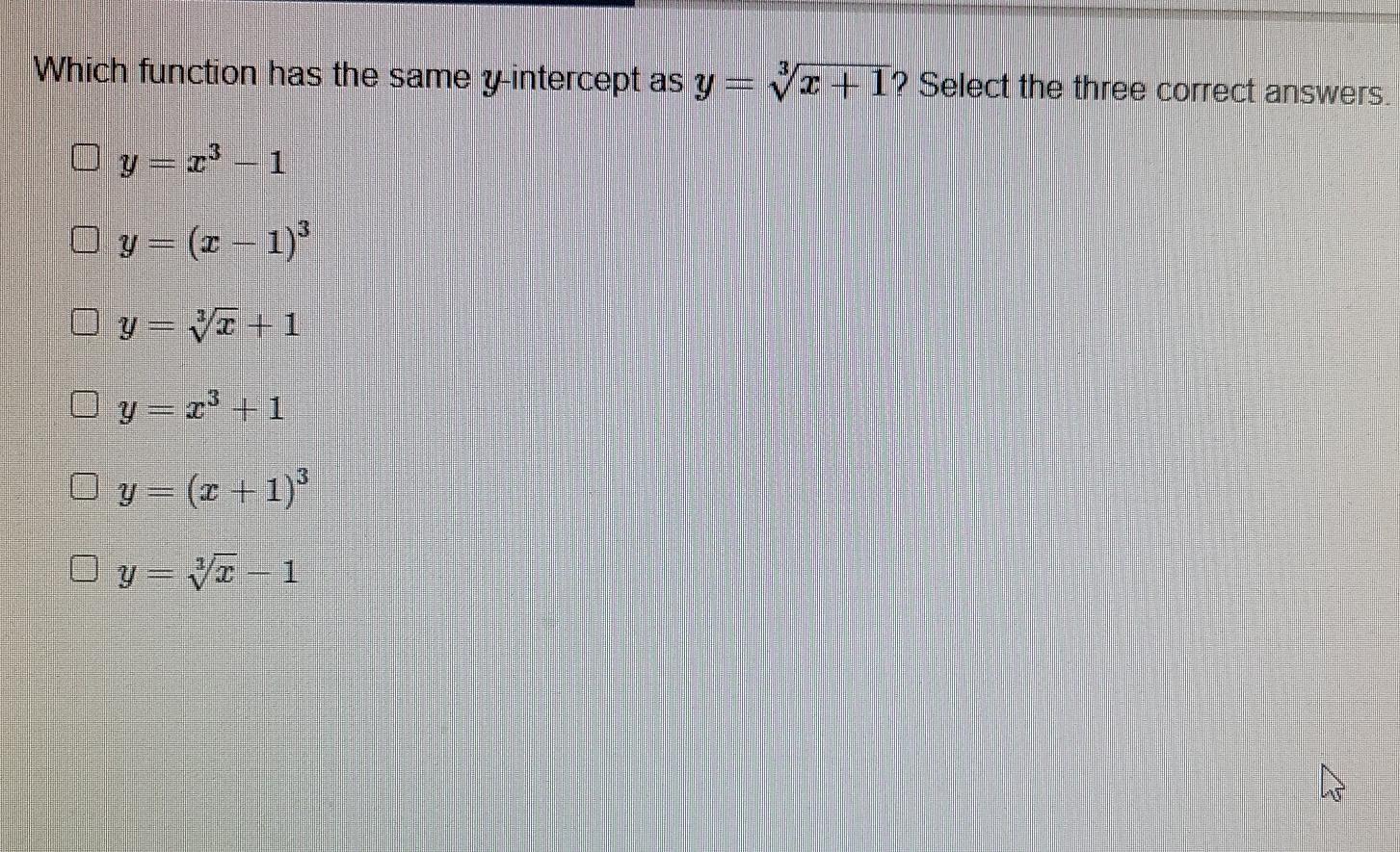 Solved Which function has the same y-intercept as y= V2+1? | Chegg.com