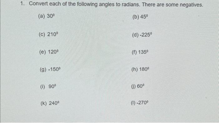 Solved 1. Convert each of the following angles to radians. | Chegg.com