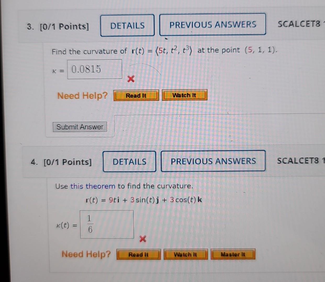 Solved Find the curvature of r(t)= 5t,t2,t3 at κ= Points] | Chegg.com