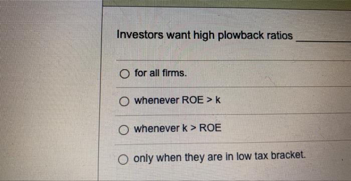 Solved Investors want high plowback ratios for all firms. | Chegg.com