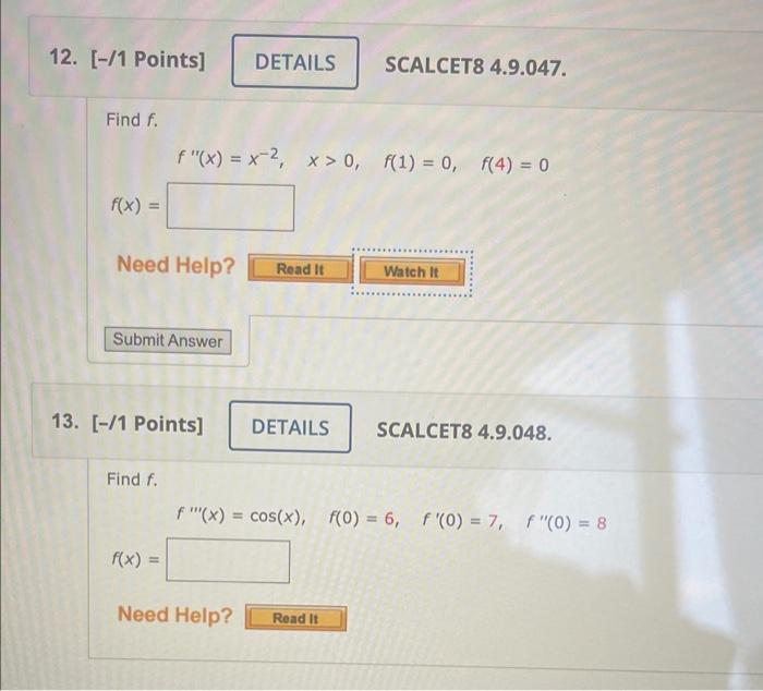 Solved SCALCET8 4.9.047. Find f. | Chegg.com