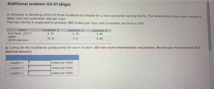 Solved Additional problem 02-01 (Algo) A company is deciding | Chegg.com