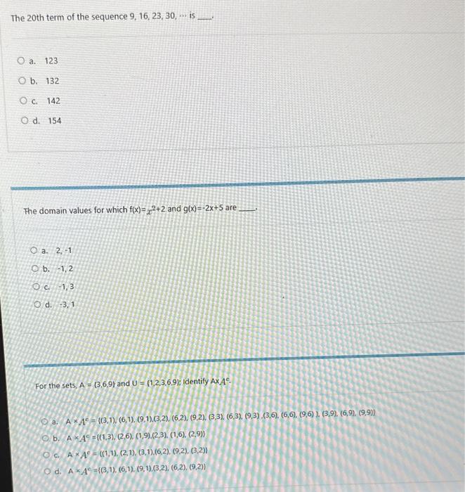 Solved The 20 th term of the sequence 9,16,23,30,⋯ is a. 123 | Chegg.com