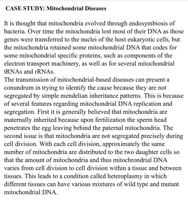 CASE STUDY: Mitochondrial Diseases It is thought that | Chegg.com