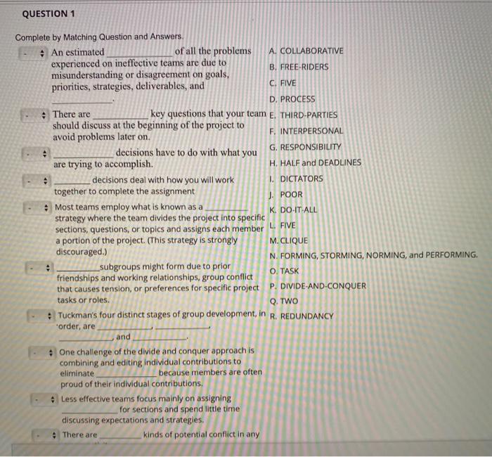 Solved QUESTION 1 Complete by Matching Question and Answers | Chegg.com
