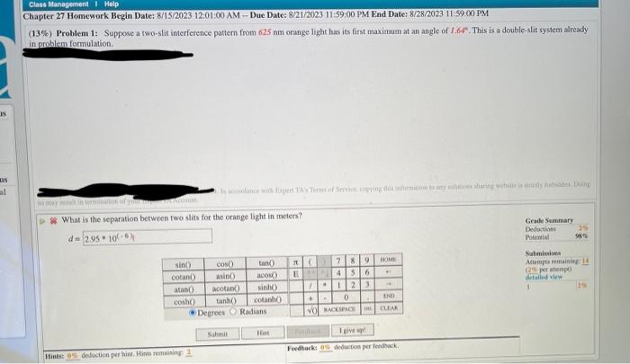 Solved (13\\%) Problem 1: Suppose a two-slit interference | Chegg.com