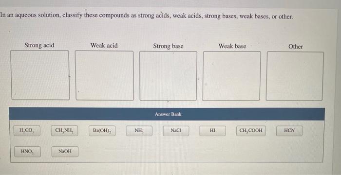 Solved n an aqueous solution, classify these compounds as | Chegg.com