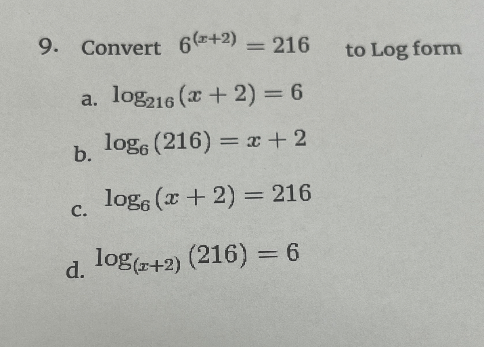 Solved Convert 6(x+2)=216 ﻿to Log | Chegg.com