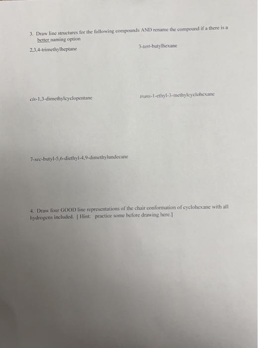 Solved 3. Draw line structures for the following compounds | Chegg.com