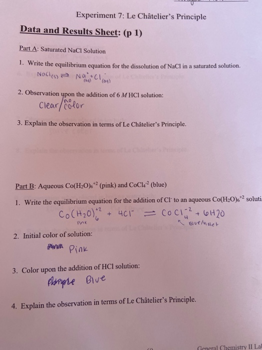 Solved Experiment 7: Le Châtelier's Principle Data and | Chegg.com