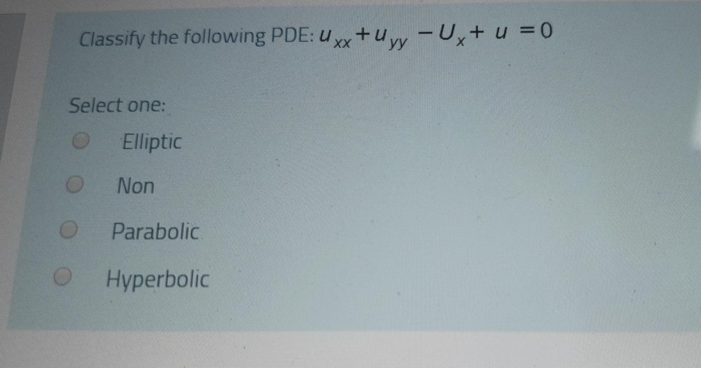 Solved Classify the following PDE: Uxx + Uyy - Ux+ u = 0 | Chegg.com