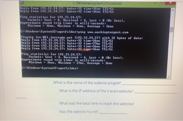 Solved C:\Windows\system32\cmd.exe Reply from 192.33.24.57: | Chegg.com