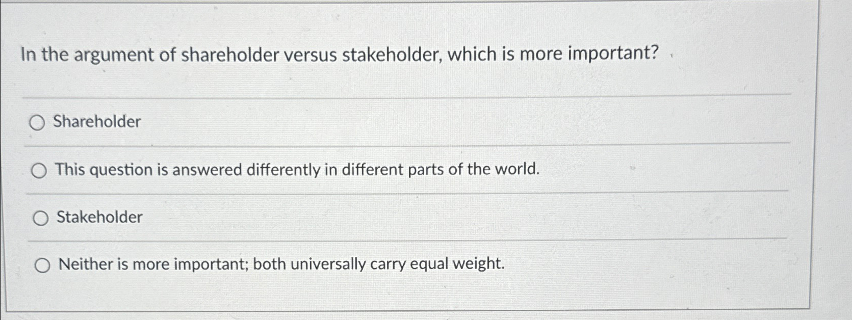 Solved In the argument of shareholder versus stakeholder, | Chegg.com