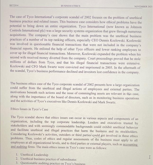 Solved BET 2014 BUSINESS ETHICS NOVEMBER 2021 The case of | Chegg.com