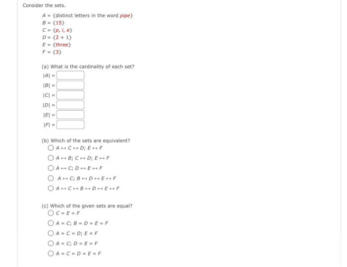 Solved Consider the sets. A={ distinct letters in the word | Chegg.com
