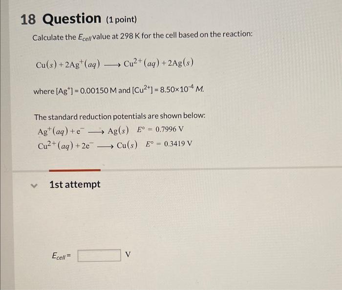 Solved Calculate The Ecell Value At 298 K For The Cell