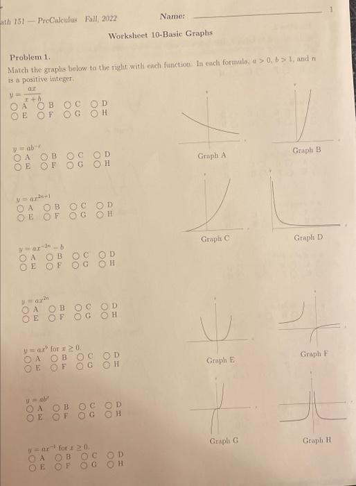 Solved Problem 1. Match the graphs below to the right with | Chegg.com