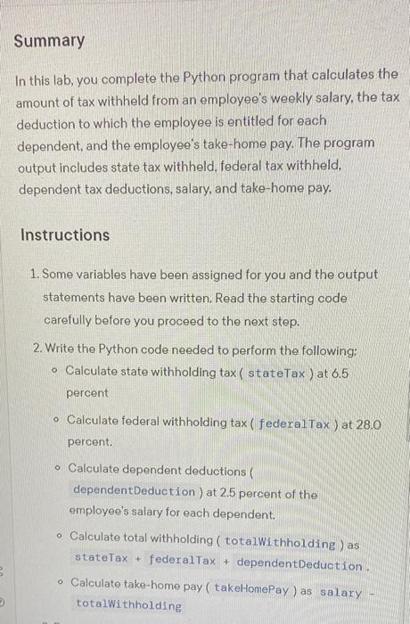Solved Summary In this lab, you complete the Python program | Chegg.com