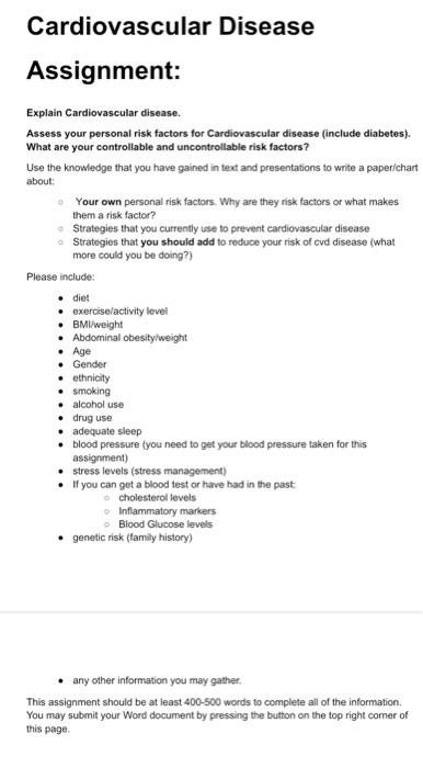 Solved Cardiovascular Disease Assignment: Explain | Chegg.com
