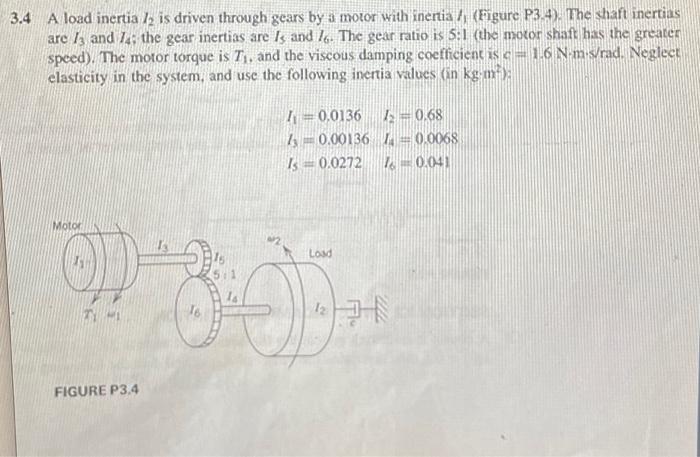 Solved A load inertia I2 is driven through gears by a motor | Chegg.com