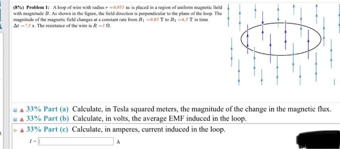 Solved (8%) Problem 1: A loop of wire with radius r=0.055 m | Chegg.com
