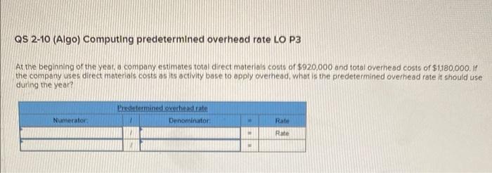Solved QS 2-10 (Algo) Computing predetermined overhead rate | Chegg.com