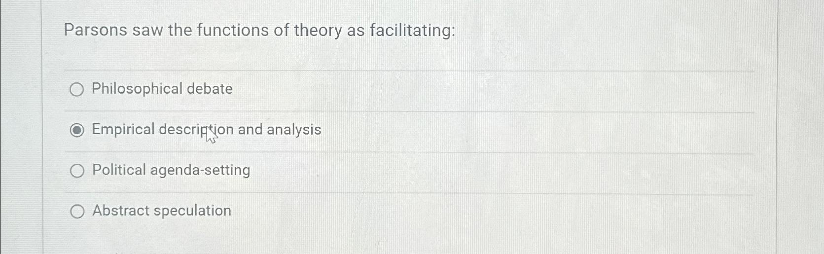 Solved Parsons saw the functions of theory as | Chegg.com