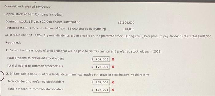 Solved Cumulative Preferred Dividends Capital stock of Barr | Chegg.com