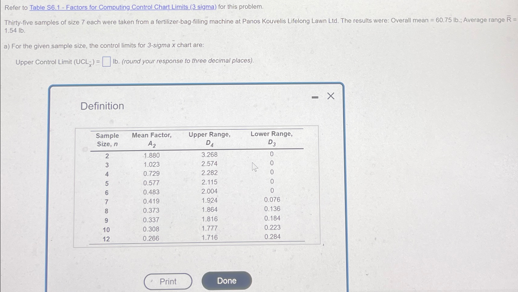 Refer to Table S6.1 - ﻿Factors for Computing Control | Chegg.com