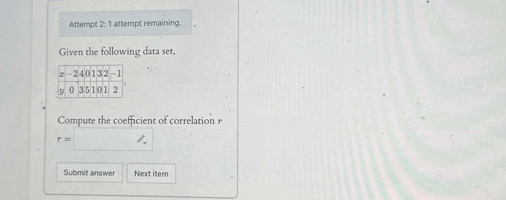 Solved Attempt 2: 1 ﻿attempt remaining.Given the following | Chegg.com