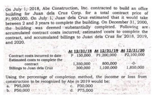 Solved On July 1, 2018, Abe Construction, Inc. contracted to | Chegg.com